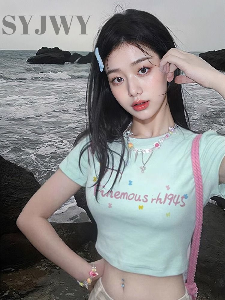 Топ Женский SYJWY пастельно-бирюзовый, размер 42 Полиэфир, Спандекс Короткий Повседневный Китай ...