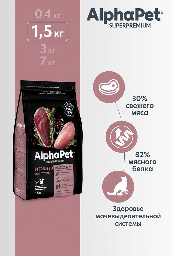 Сухой корм AlphaPet Superpremium для стерилизованных кошек и котов. Утка и индейка - 1,5 кг ...