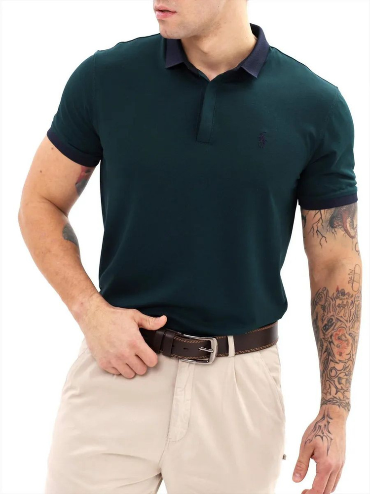 Поло Мужской FLOW LAB темно-зеленый Короткий, размер 46, 48 Хлопок, Спандекс Однотонный ...