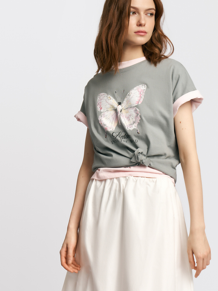 Футболка Женский Zolla серый Короткий, размер 42 Хлопок Повседневный Бангладеш, рост 164-176 ...