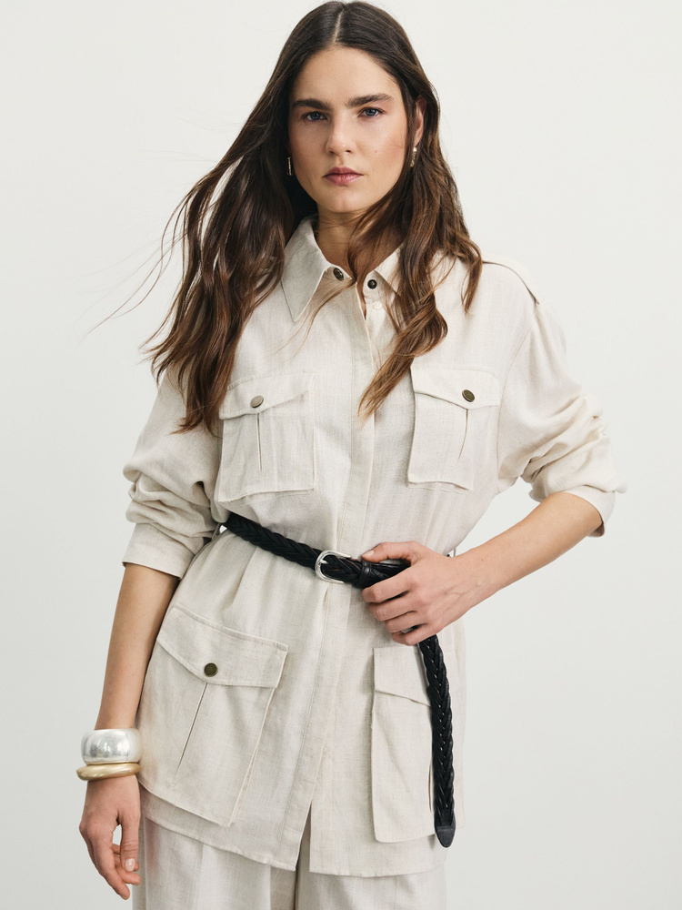 Жакет Женский Zarina серый Вискоза, Лён, размер 46 Карманы прямой Длинный однобортный Пуговицы ...