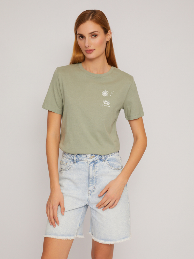 Футболка Женский Zolla светло-зеленый Короткий, размер 52 Хлопок Повседневный Бангладеш, рост ...