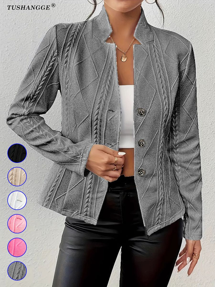 Пиджак Женский TUSHANGGE серый, размер 54 Полиэфирное волокно, Спандекс Воротник свободный ...