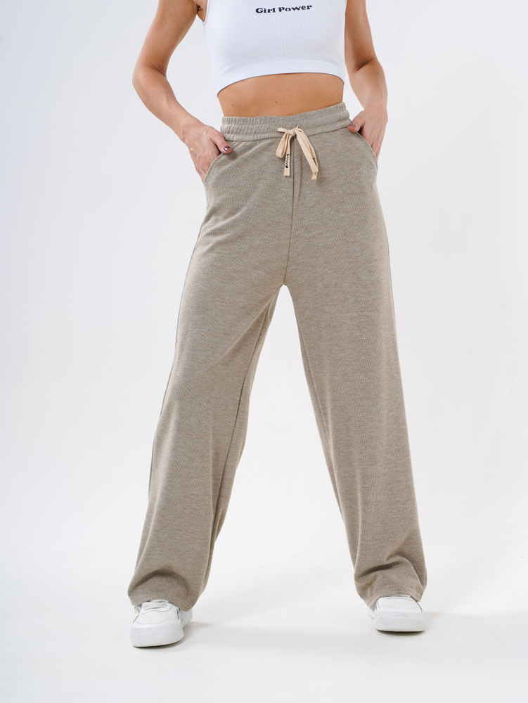 Брюки Женский XF.BUSF палаццо бежевый Трикотаж Повседневный, размер 52, 54 Резинка оверсайз ...