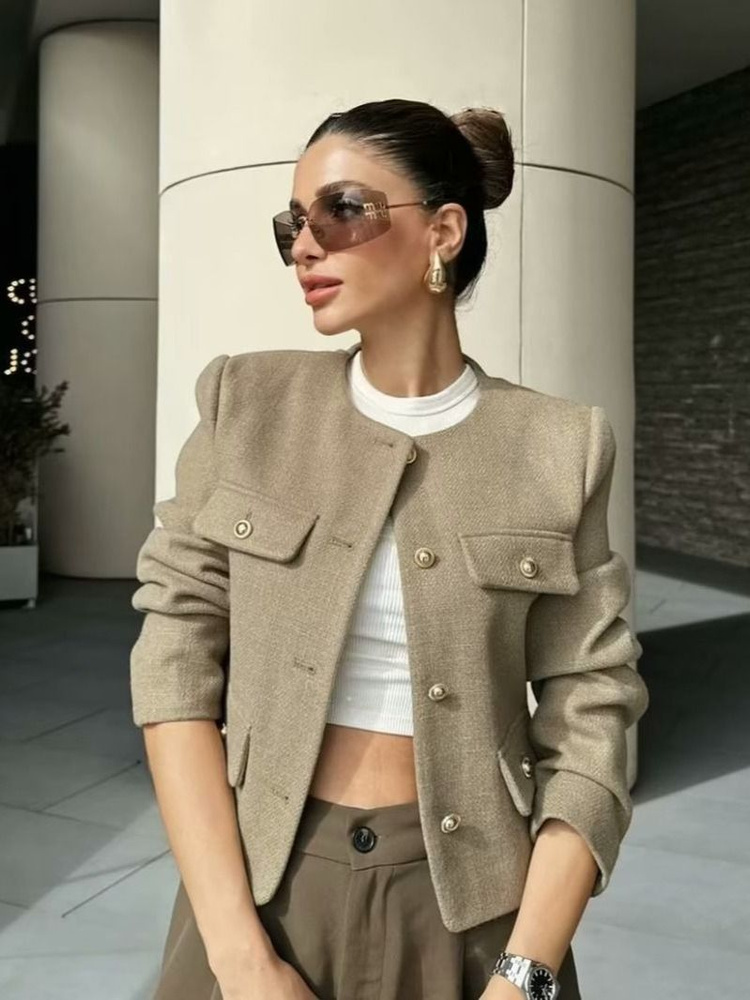 Пиджак Женский Zara оливковый, размер 46 Политекс Пряжки, Карманы полуприлегающий Длинный ...