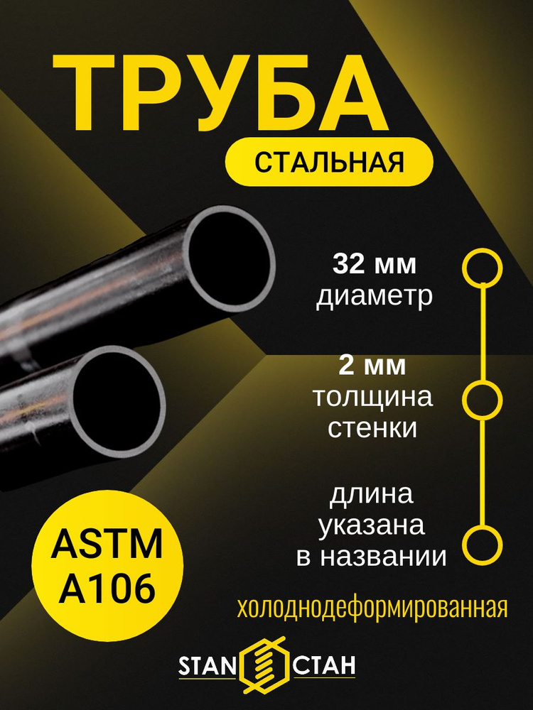 Труба стальная ASTM A106 диаметр 32мм, стенка 2мм, длина 200 мм ...