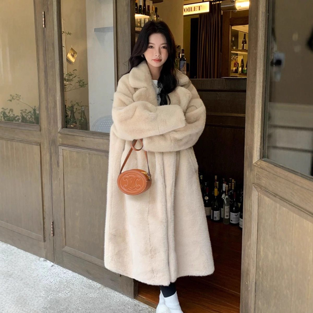 Шуба искусственная Женский MOOCIE абрикосовый лацканы Полиэфирный шелк Длинный, размер 46 Зима ...