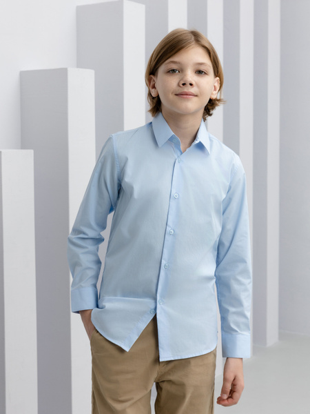 Рубашка Мальчики Brostem голубой Длинный Хлопок, Полиэстер Однотонный, размер 122 приталенный ...
