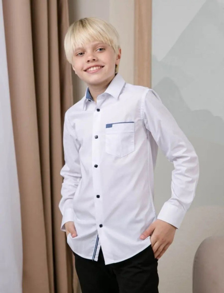Рубашка Мальчики Brostem белый Длинный Хлопок Однотонный, размер 134 приталенный Кнопки Россия ...