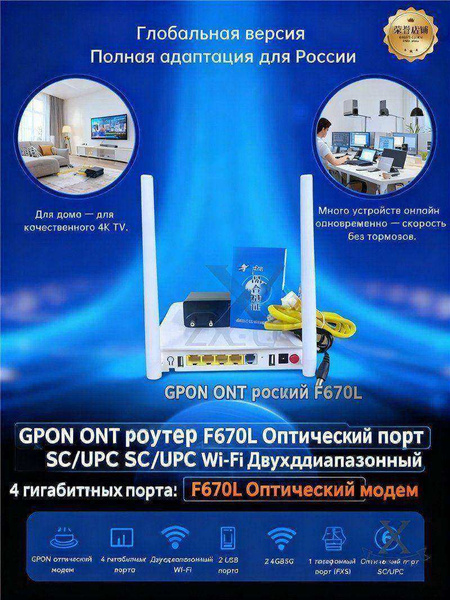 GPON ONT роутер F670L Оптический порт SC/UPC Двухдиапазонный Wi-Fi 5 ...
