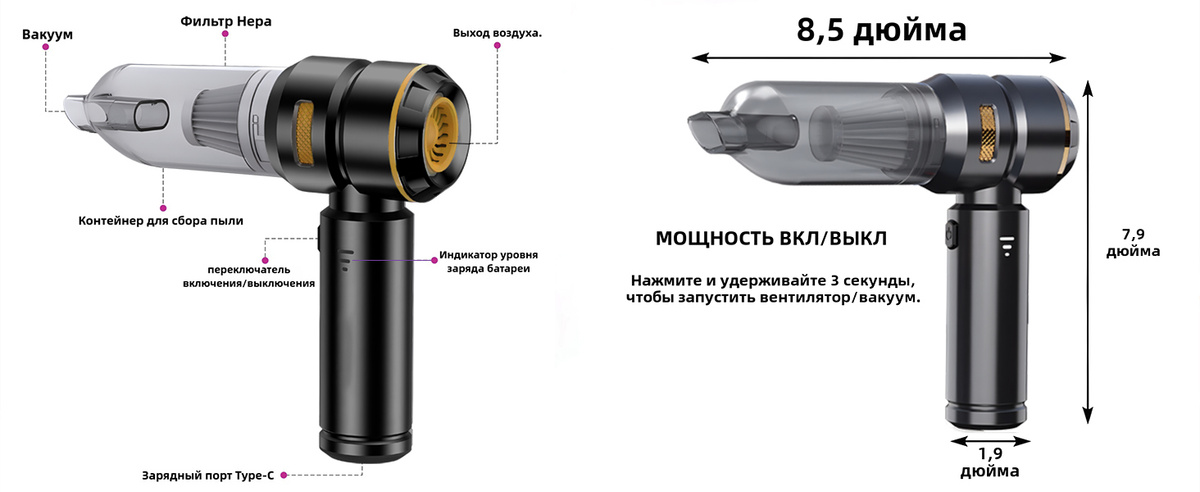 Пылесос для автомобиля беспроводной мощный Ручной портативный мини пылесос для салона машины и ...