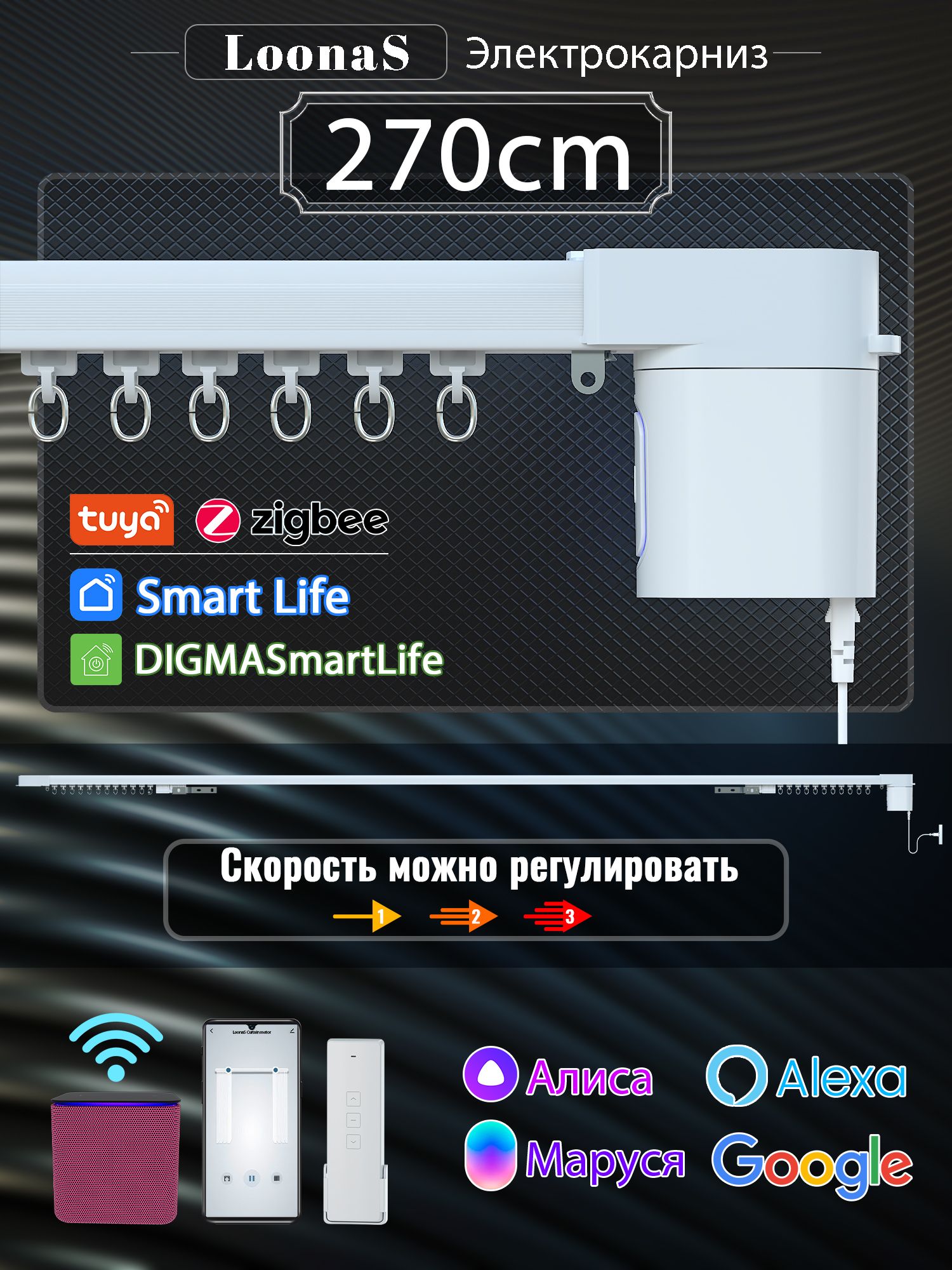 2.7м, LoonaS электрокарниз 270см Открыть влево,Нужен Tuya Zigbee хаб ...