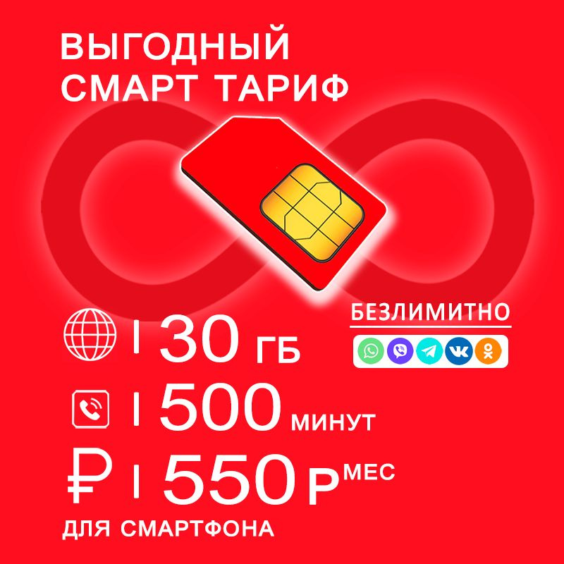 Сим карта для смартфона 30 ГБ интернета 3G / 4G по России + 500 минут ...