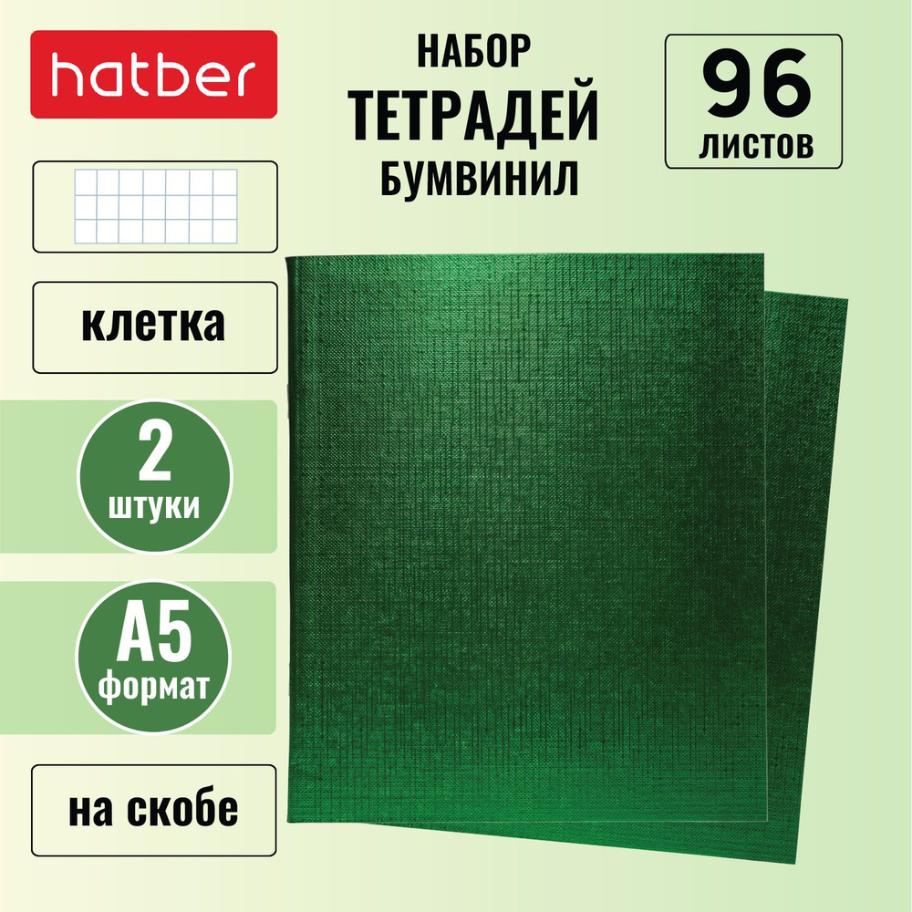 Тетрадь Hatber набор 2 штуки 96 листов в клетку формата А5 на скобе обложка бумвинил -Зеленая ...