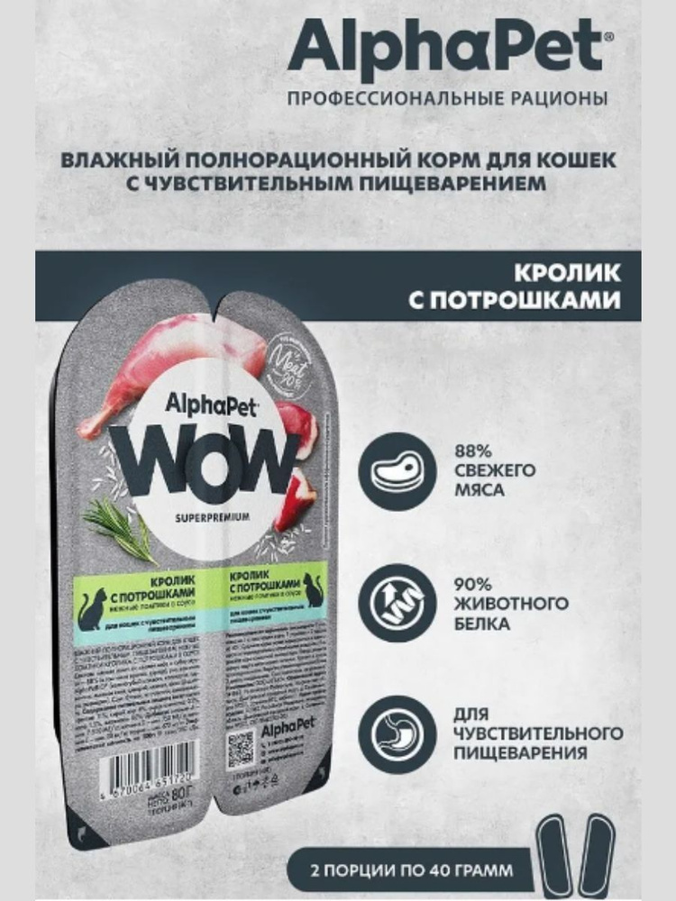 Влажный полнорационный корм AlphaPet WOW, для кошек c чувствительным пищеварением кролик с ...