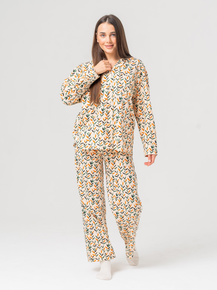 Пижама Женский Instreet с брюками, с рубашкой Хлопок, размер 44 Другое бежевый Длинный Россия ...