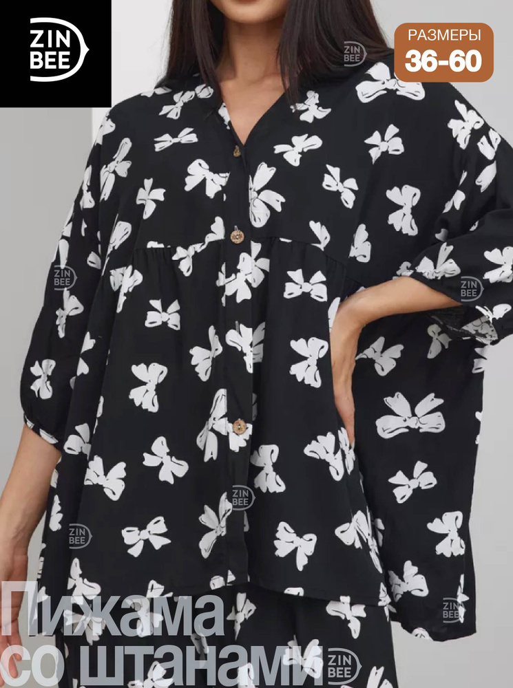 Пижама Женский ZinBee Вискоза, размер 54, 56 Разноцветный, Цветочный черный сахара Три четверти ...
