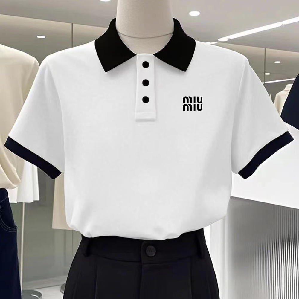 Поло Женский Miu Miu белый Короткий размер 46 Хлопок Логотип облегающий Офисный школьный Китай