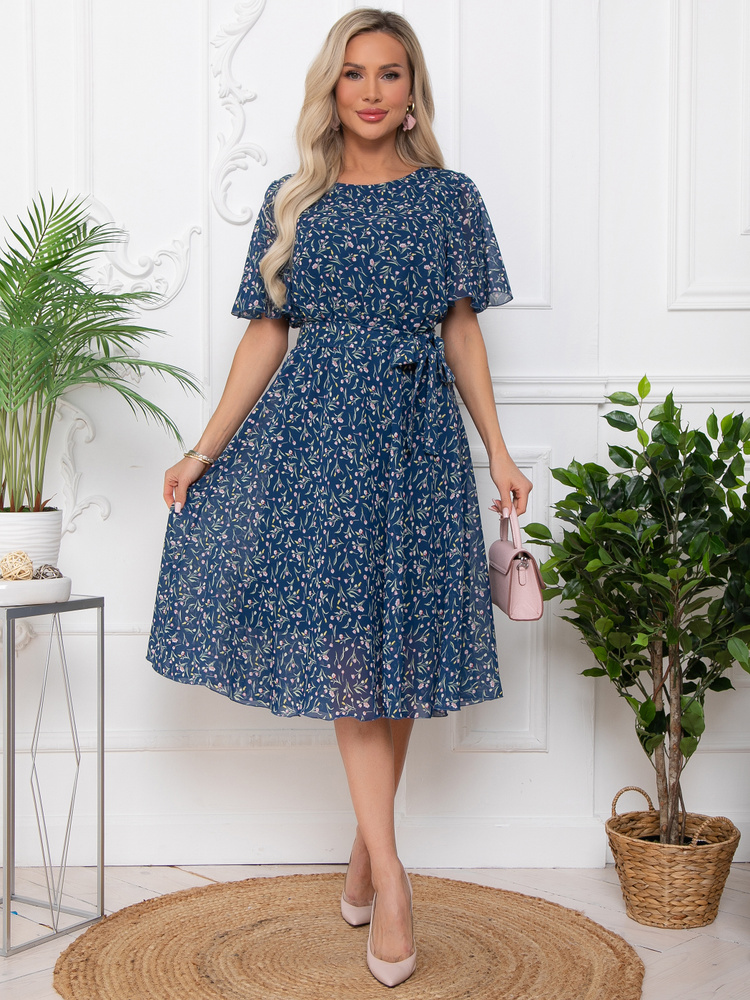 Платье Женский BELLMELODY синий бархат Вечерний/праздничный Короткий Шифон, размер 48 Без ...