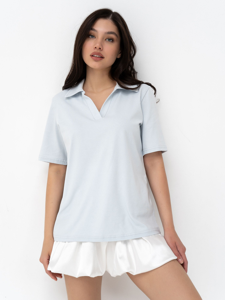 Поло Женский VANADA бледно-голубой Короткий, размер 54 Хлопок, Лайкра прямой Офисный/школьный ...