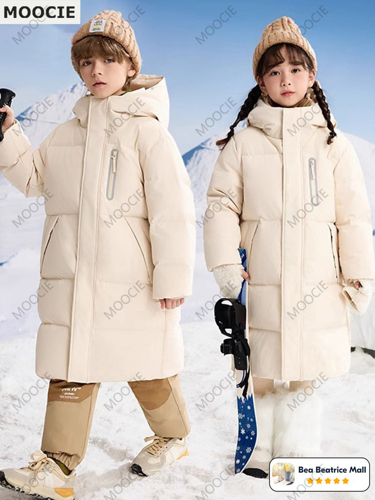 Пуховик Девочки, Мальчики MOOCIE бежевый Политекс, размер 120 Длинный Зима Полиэфирное волокно ...