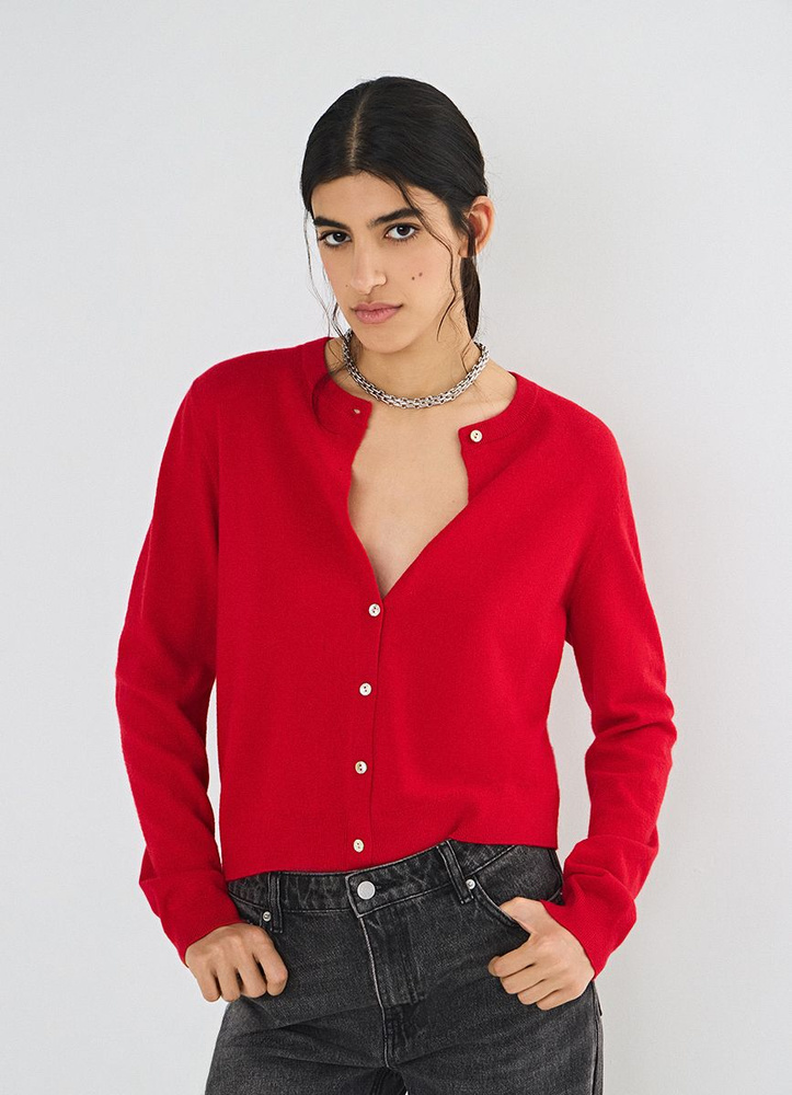 Пиджак Женский O'STIN красный, размер 46 Трикотаж прямой Длинный Повседневный Пуговицы ...