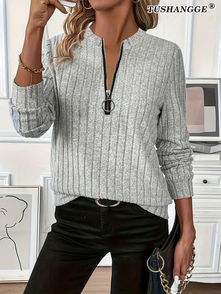Свитер Женский TUSHANGGE светло-серый Полиэстер, размер 50, 52 Без застежки, Эластичная Молния ...