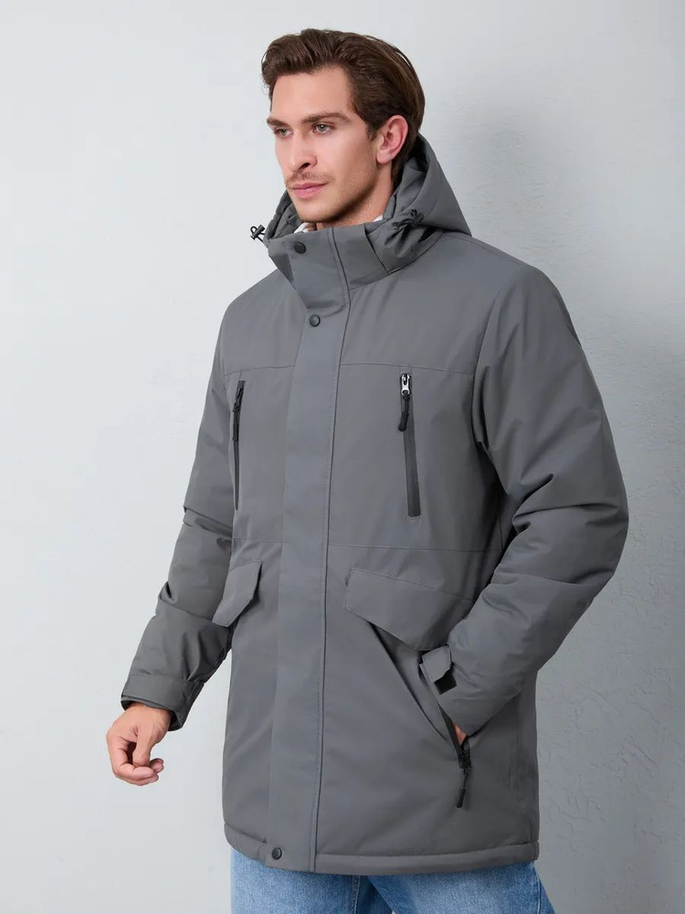Куртка Мужской KINGSO MENS Капюшон, Карманы темно-серый Полиэстер, размер 48 Длинный Демисезон ...