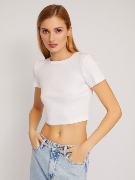 Футболка Женский Zolla белый Короткий, размер 48 Хлопок, Эластан Повседневный Бангладеш, рост ...