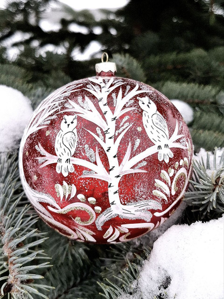 Ёлочный шар ручной работы 110 мм. "Совы", стекло. Новогодние игрушки на елку, елочное украшение ...