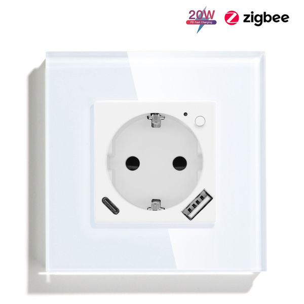 Умная розетка Zigbee с USB Type-C, быстрая зарядка 20W, мониторинг энергии, стеклянная рамка ...