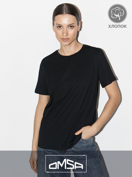 Футболка Женский Omsa черный, размер 42 Хлопок Однотонный прямой Повседневный Узбекистан Фитнес ...