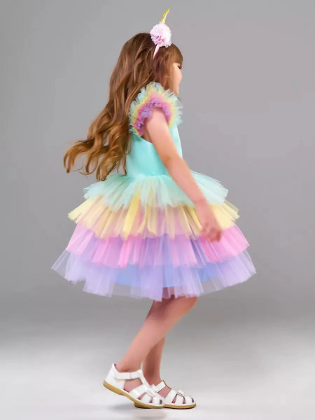 Платье Девочки LELU KIDS бирюзовый в складку Вечерний/праздничный Короткий Атлас, Фатин Рюши ...