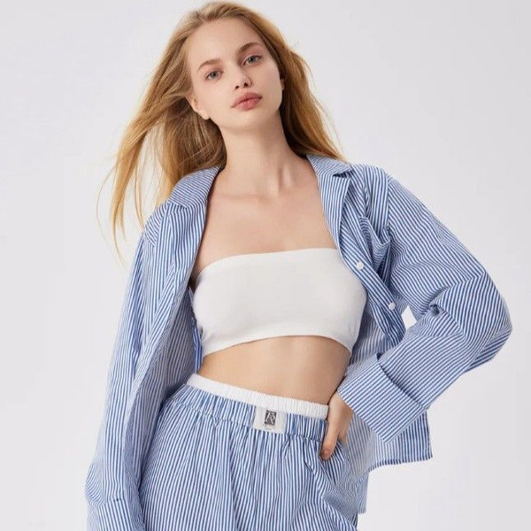 Комплект одежды Женский Pull&Bear Повседневный синий, размер 44 Хлопок Полоска, рост 150-180 ...