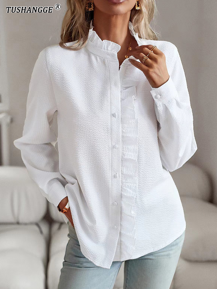 Рубашка Женский TUSHANGGE черный Длинный Политекс Однотонный, размер 50, 52 свободный Пуговицы ...