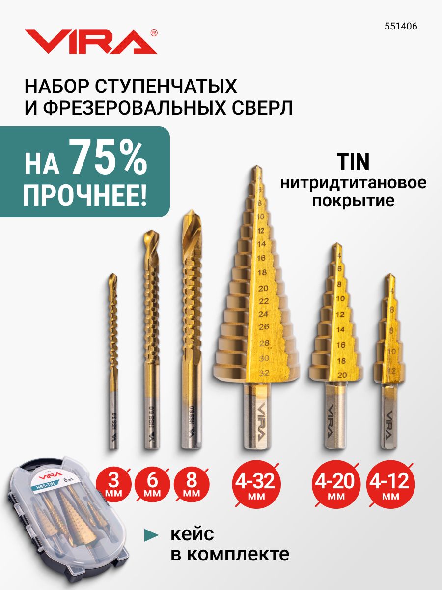 Набор ступенчатых и фрезеровальных свёрл по металлу TiN 3 6 8 4-12 4-20 ...