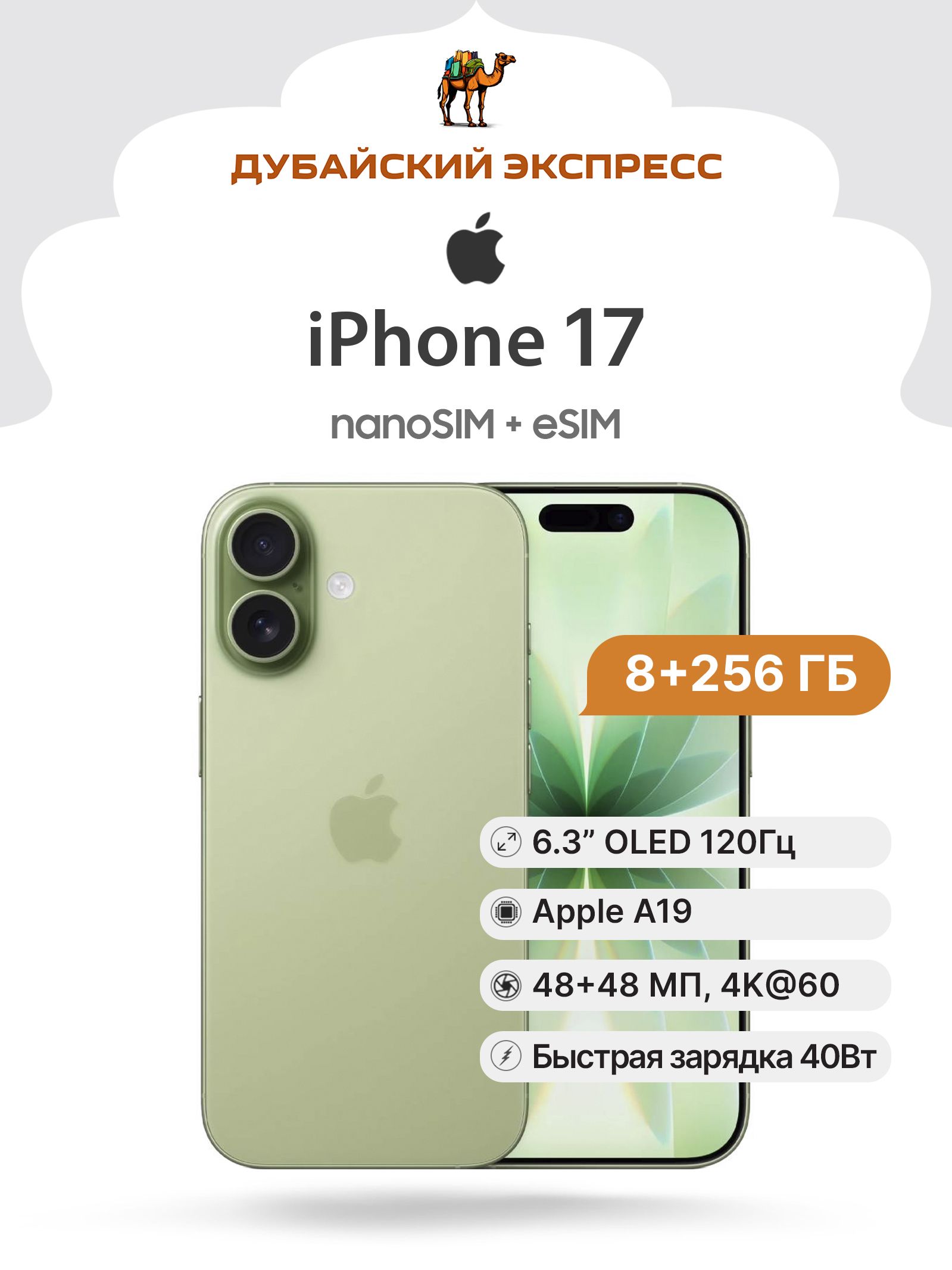 Смартфон Apple iPhone 17 256 ГБ 8 ГБ Зеленый 6.3 A3250 купить c ...