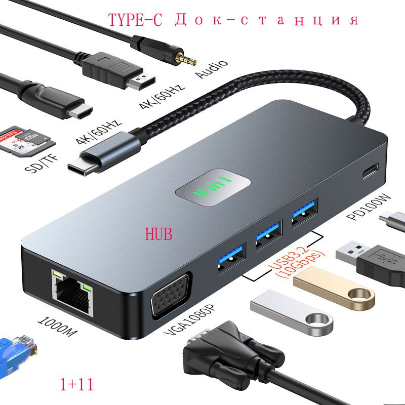 Док-станция Type-C usb3.2hub поддерживает PD, HDMI, SD/TF, сеть 1000M ...