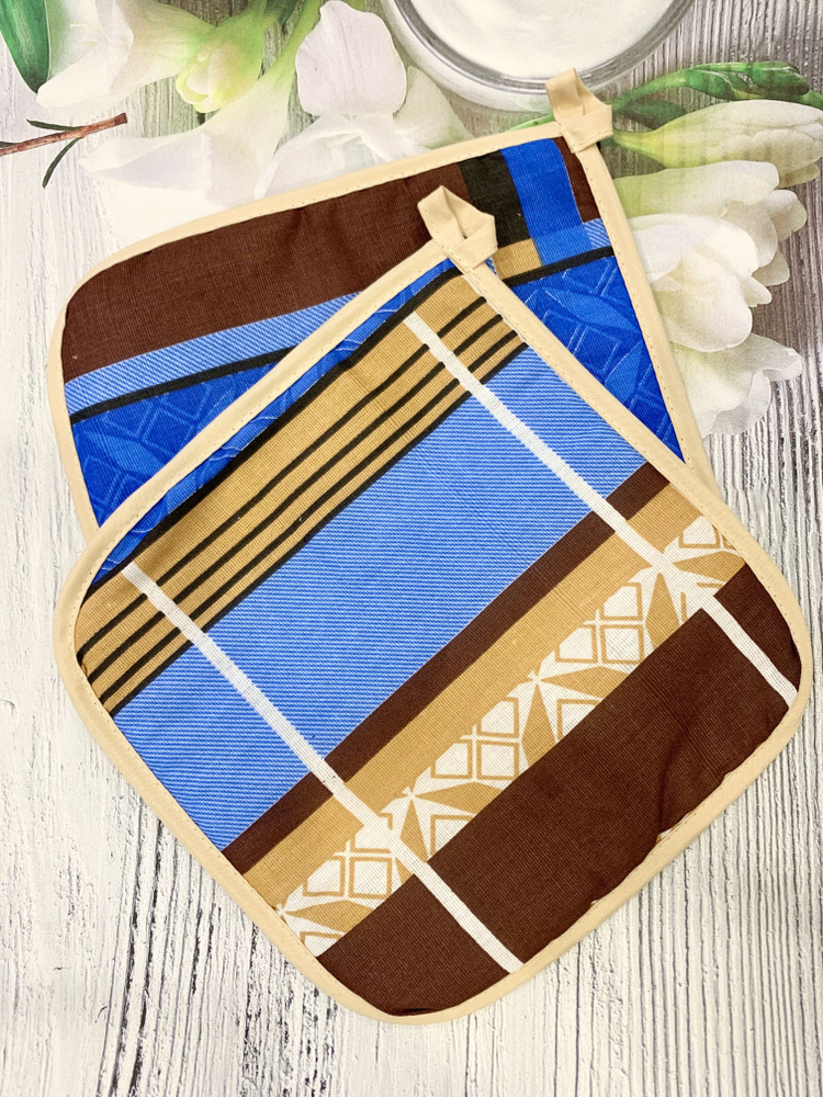 Прихватка, 18x18, 2 шт, коричневый, синий, Рогожка, Хлопок купить c ...