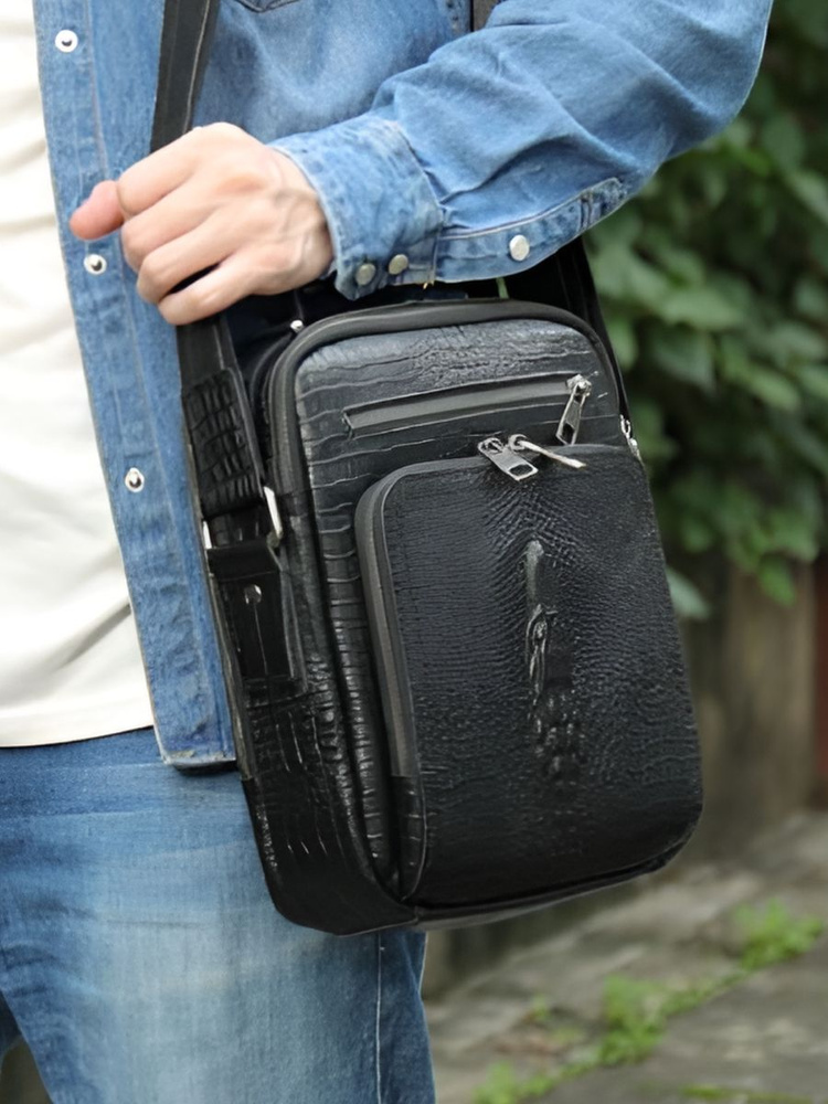 Сумка мужская через плечо крокодил черная натуральная кожа для ...