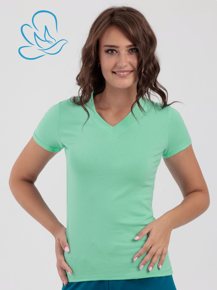 Футболка Женский CHELEBI TEXTILE ментол Короткий, размер 44 Хлопок Однотонный приталенный ...