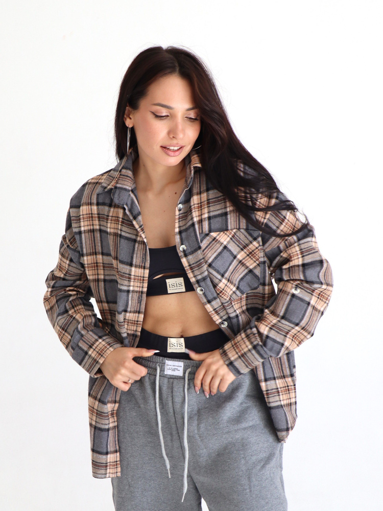 Рубашка Женский Lady Gina коричневый, серый Длинный Фланель Хлястик Клетка, размер 42, 44 ...