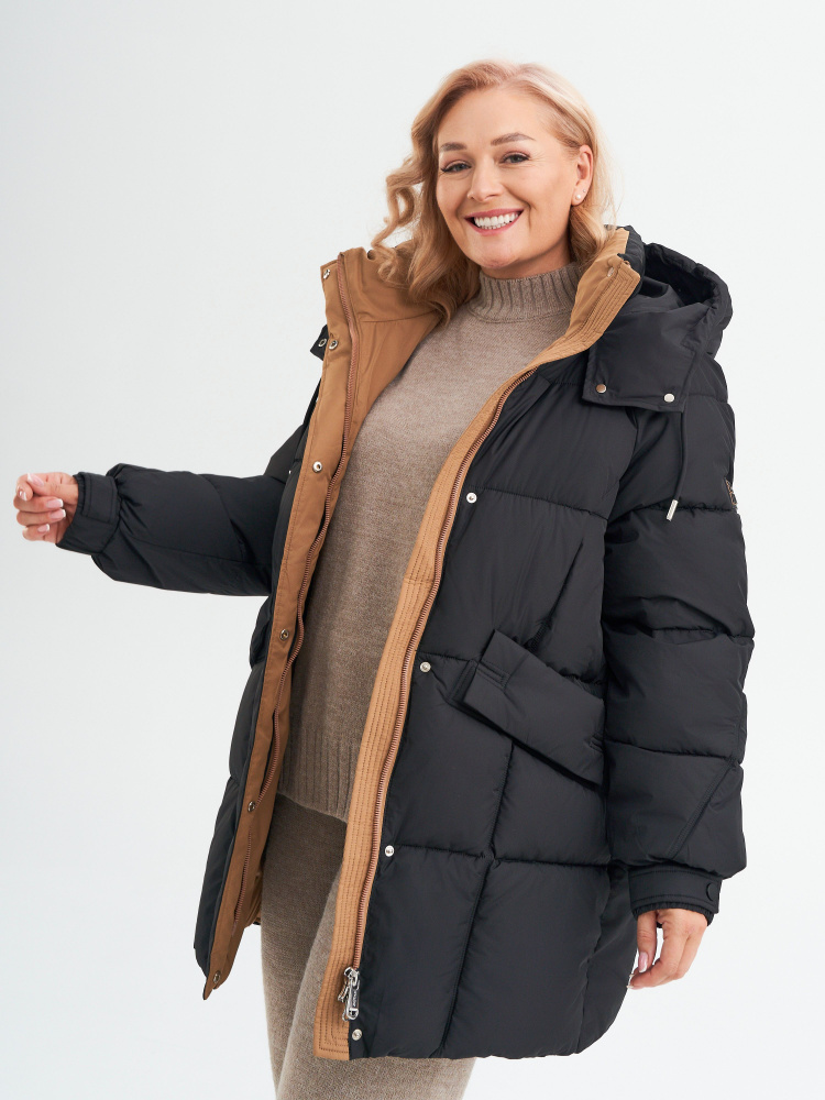 Пуховик Женский Elfina Карманы, Капюшон черный Полиэстер, размер 52 Длинный Зима прямой Био-пух ...