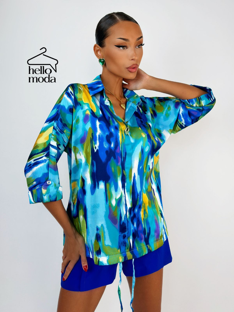 Блузка Женский HELLO MODA! синий, тиффани Полиэстер Три четверти, размер 44 Шнурок Россия ...