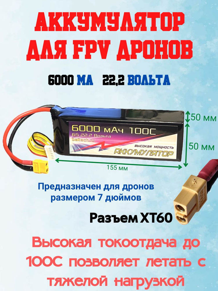 Аккумулятор Lipo 6s 22,2v, 6000mah, 100C, XT60 купить на OZON по низкой цене (1785374664)