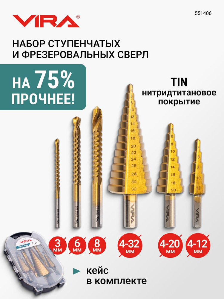 Набор ступенчатых и фрезеровальных свёрл по металлу TiN 3 6 8 4-12 4-20 4-32 VIRA купить на OZON ...