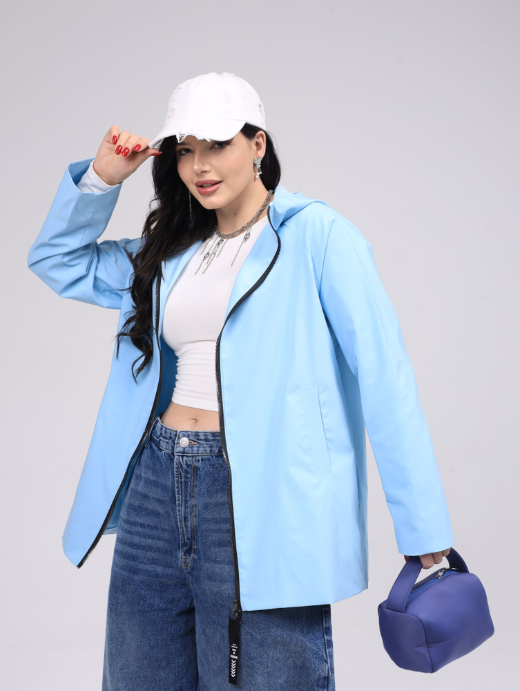 Ветровка Женский Jyldyz голубой капюшон Плащевка, размер 58 Длинный Демисезон оверсайз ...