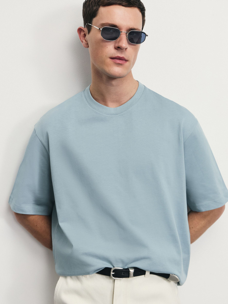 Футболка Мужской Zarina серо-голубой Короткий, размер 44 Хлопок Однотонный прямой Повседневный ...