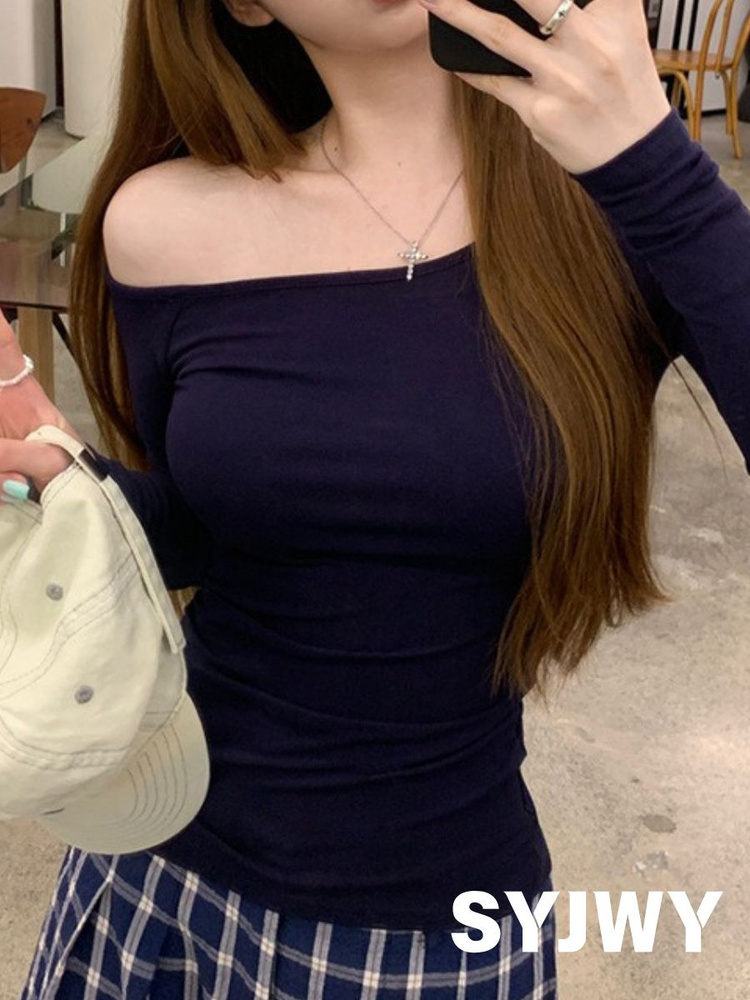 Лонгслив Женский SYJWY синий Длинный, размер 42 Полиэфирное волокно Воротник полуприлегающий ...