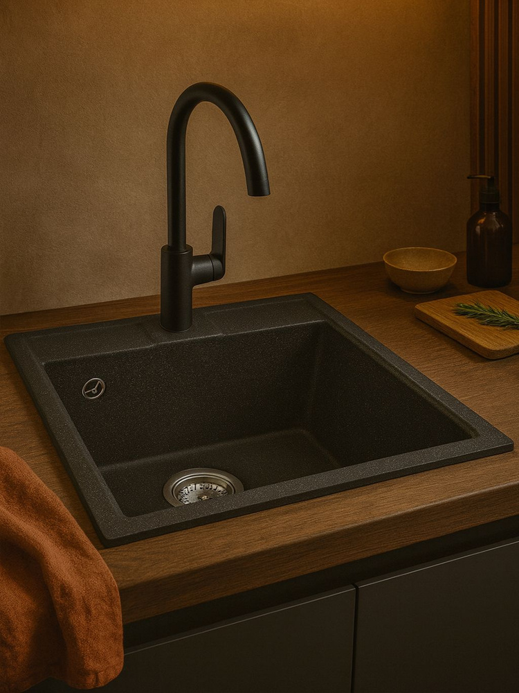 Мойка для кухни каменная OTGON черная 44х50см / Раковина кухонная квадратная мраморная врезная ...